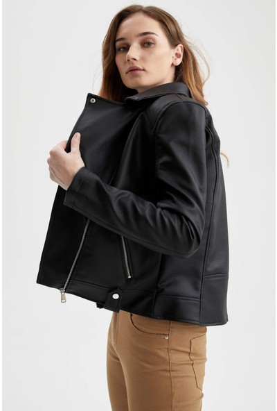 DeFacto Regular Fit Suni Deri Su İtici Biker Ceket V3825AZ22SP