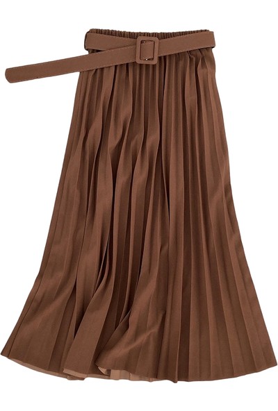 Ilkbahar ve Yaz Yeni Etek Şifon Pilili Etek Kemer Orta Uzunlukta Etek-Kahverengi
