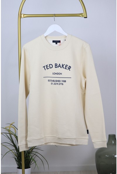 Sıfır Yaka Baskılı Krem Erkek Sweatshirt