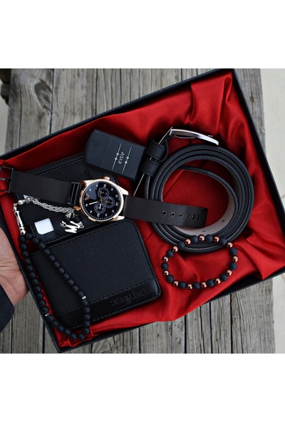 Deepwell Erkek Kol Saati Bileklik Kişiye Özel Çakmak Tesbih Kemer Cüzdan Seti