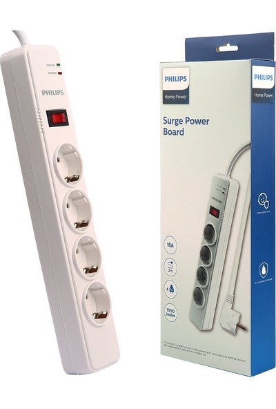 Cmk Phılıps SPS1040B/51 4'lü 2 Metre Kablolu 1050 Joule Anahtarlı Akım Korumalı Priz Beyaz
