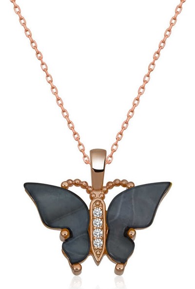 Gumush Antrasit Kaplangözü Taşlı Kelebek Kolye