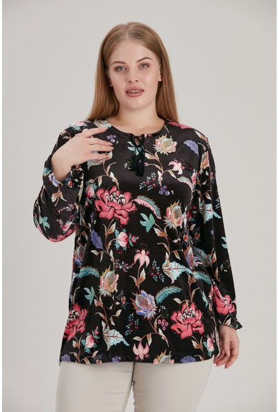 For Big Trend Bayan Çiçek Desenli V Yaka Bağlamalı Kadife Bluz