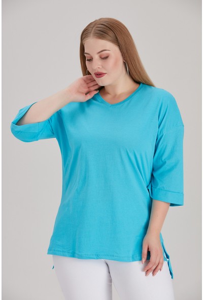 For Big Trend Bayan V Yaka Yarım Kol Ön Kisa Arka Uzun Basic Salaş Tshirt For Big Trend Bayan V Yaka Yarım Kol Ön Kisa Arka Uzun Basic Salaş Tshirt