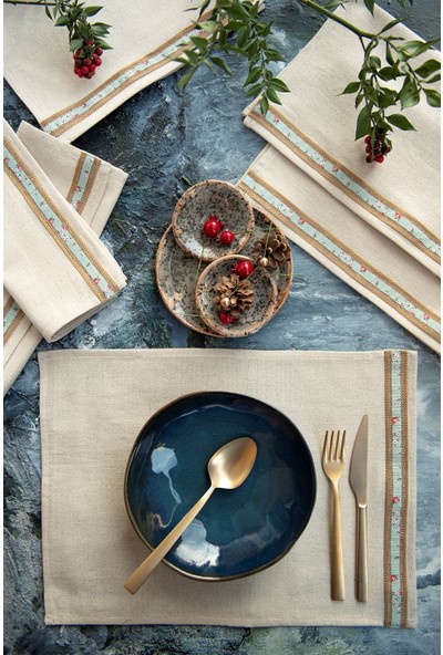 Anı Home 4'lü Keten Çiçek Çizgili Amerikan Servis