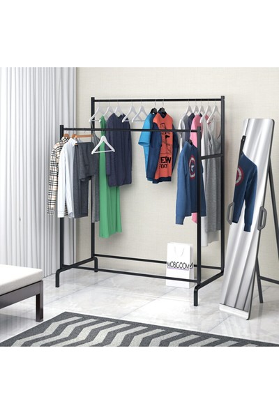 Mobigoom Konfeksiyon Askısı Metal Elbise Askılığı Çift Bölmeli Ayaklı Askılık Siyah Mobigoom Konfeksiyon Askısı Metal Elbise Askılığı Çift Bölmeli Ayaklı Askılık Siyah