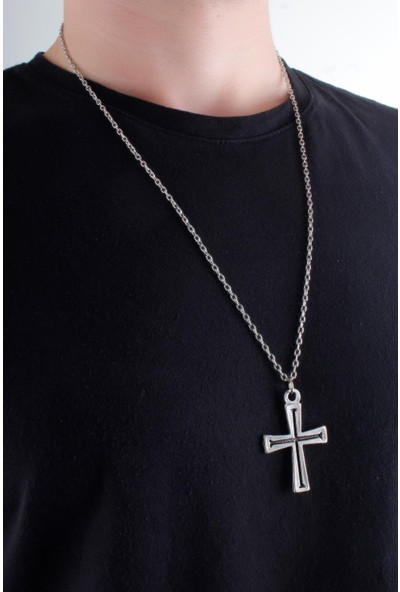Madame Concept Erkek Gümüş Renk Işleme Haç Figürlü Metal Zincir Kolye