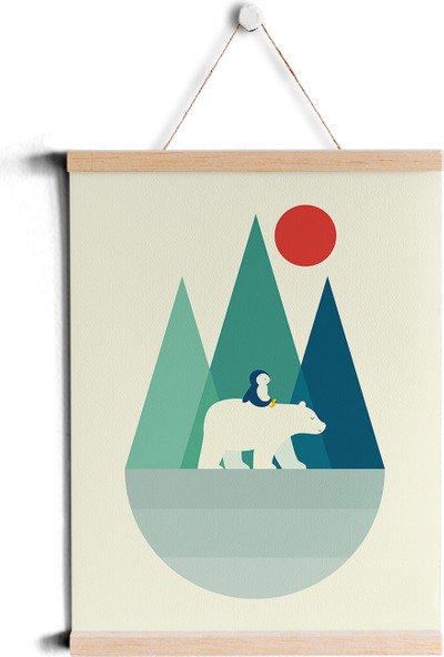 Carettart Kutup Ayısı, Penguen ve Sıradağlar Pu Deri Çocuk Odası Duvar Tablosu