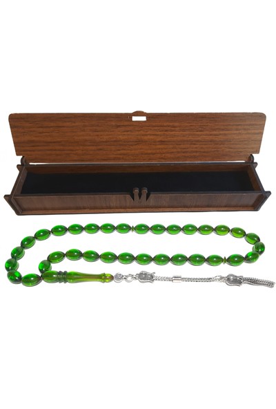 Han Gümüş Kaplama Püsküllü Yeşil Ateş Kehribar Tesbih