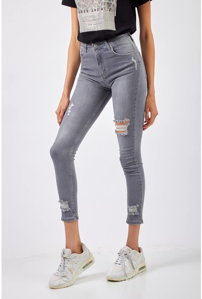 Coral Yüksek Bel Dar Kot Pantolon Gri