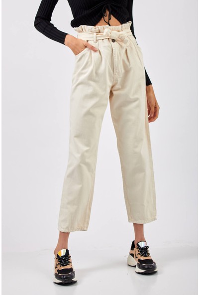 Coral Kuşaklı Kot Pantolon Taş