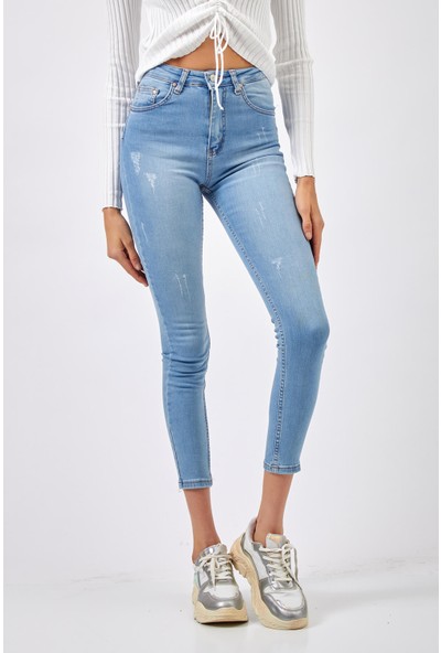 Coral Yüksek Bel Dar Kot Pantolon Mavi