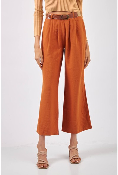 Coral Hasır Kemerli Bol Paça Pantolon Kiremit
