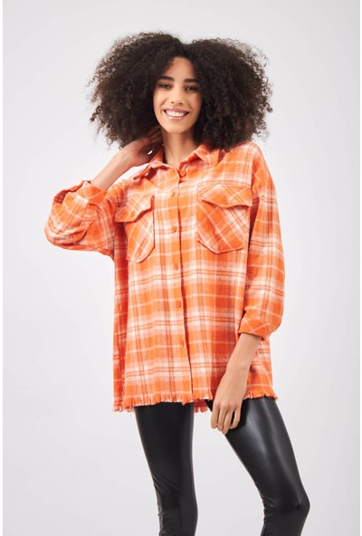 Coral Ekose Püsküllü Gömlek Oranj