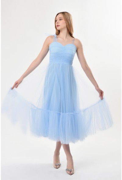 Asees Omuzları Bağlamalı Renkli Tül Abiye Elbise