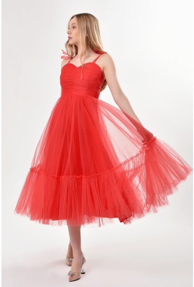 Asees Omuzları Bağlamalı Renkli Tül Abiye Elbise