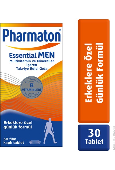 Pharmaton Essential Men 30 Tablet - Magnezyum, Vitamin B, Vitamin D, Multivitamin ve Mineraller Pharmaton Essential Men 30 Tablet - Magnezyum, Vitamin B, Vitamin D, Multivitamin ve Mineraller
