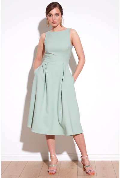 Lela Bisiklet Yaka Cepli Pileli Midi Elbise Bayan Elbise 6051963