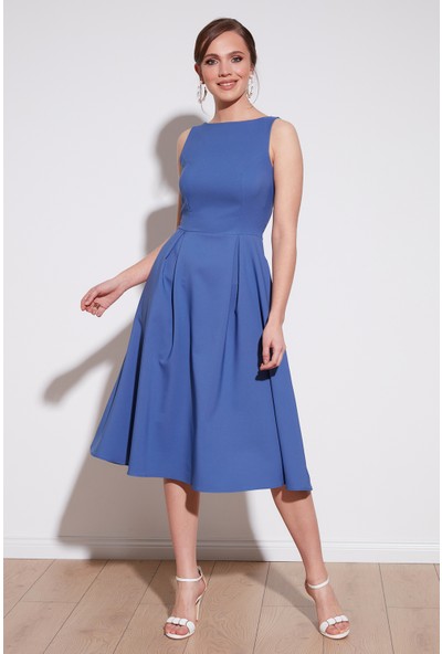 Lela Bisiklet Yaka Cepli Pileli Midi Elbise Bayan Elbise 6051963