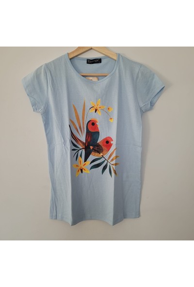 Knidos Butik Kuş Baskılı Mavi T-Shirt