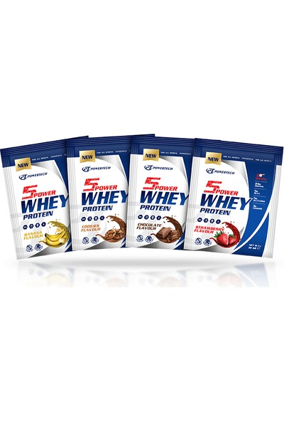 Powertech 5power Whey Protein Tozu 4'lü 4 Farklı Aroma Çikolata Çilek Kurabiye Muz Powertech 5power Whey Protein Tozu 4'lü 4 Farklı Aroma Çikolata Çilek Kurabiye Muz