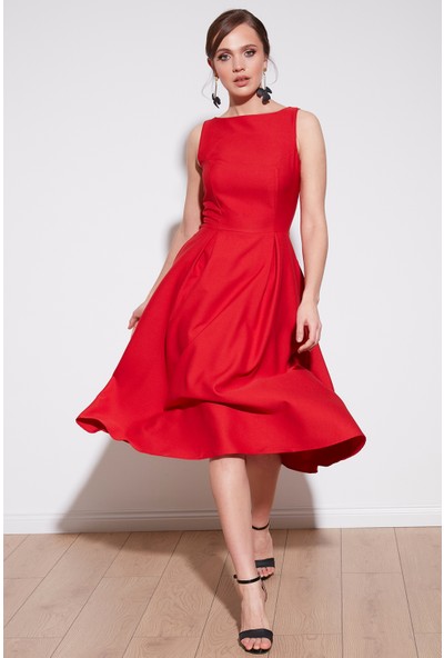 Lela Bisiklet Yaka Cepli Pileli Midi Elbise Bayan Elbise 6051963