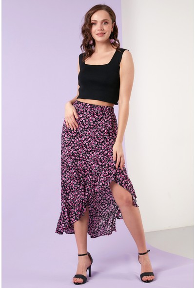 Lela Çiçekli Asimetrik Kesim Fırfır Detaylı Etek Bayan Etek 6052135