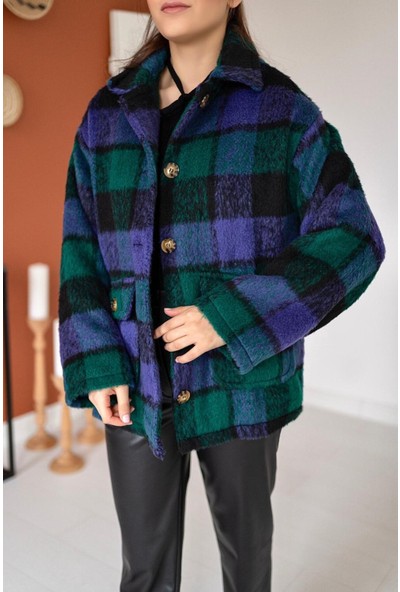 Elbee Düğmeli Ekoseli Kadın Kaban - Mor