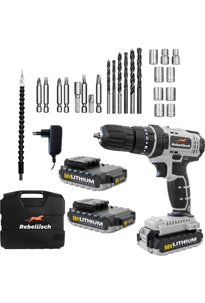Rebellisch Germany 58 V 8 Ah Kraft Series Darbeli Metal Şanzıman Çift Akülü Vidalama Matkap + 27 Parça Setli Rebellisch Germany 58 V 8 Ah Kraft Series Darbeli Metal Şanzıman Çift Akülü Vidalama Matkap + 27 Parça Setli