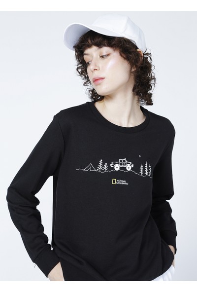 National Geographic Bisiklet Yaka Siyah Baskılı Kadın Sweatshirt
