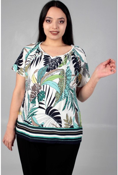 Truva Xxl Büyük Beden Kadın Giyim Penye Yaka Ipli Çiçek Desenli BZ595