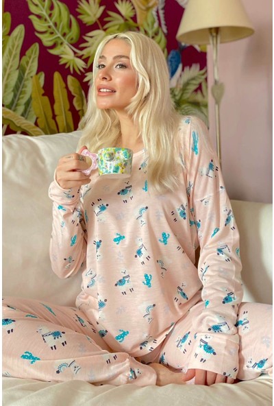 Pijama Evi Somon Lama Baskılı Uzun Kol Kadın Pijama Takımı