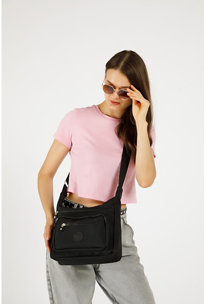 Etka Çanta Kadın Siyah 5 Bölmeli Krinkıl Çapraz Çanta