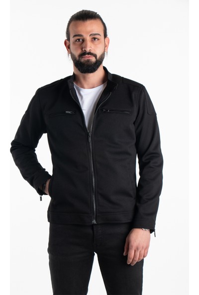 Zeki Özer Erkek Siyah Kontrast Dokulu Mevsimlik Mont