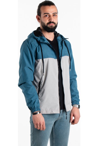Zeki Özer Erkek Mavi Blok Renkli Kapüşonlu Yağmurluk