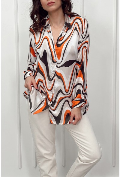 Derya Dindar Kadın Desenli Gömlek Turuncu Derya Dindar Kadın Desenli Gömlek Turuncu
