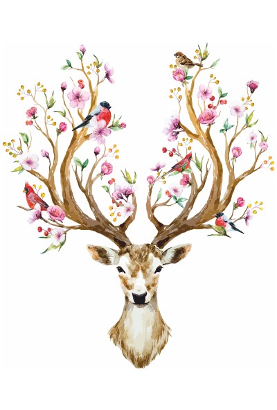 Hayat Poster Boynuzunda Çiçekler Kuşlar Olan Geyik 30 x 45 cm Kuşe Poster Silindir Kutulu Kargo