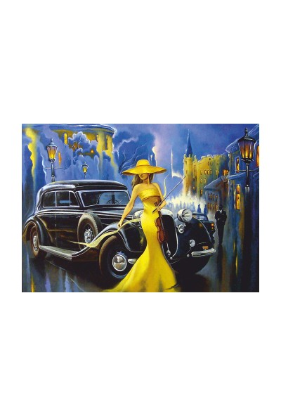 Hayat Poster Klasik Araba Önünde Kemanlı Kadın 30 x 45 cm Kuşe Poster Silindir Kutulu Kargo