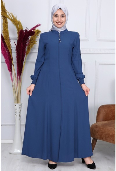 Moda Çizgi Kolları Işlemeli Ferace 2197 Indigo