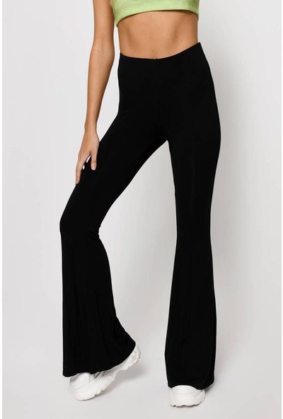 Lamirella Kadın Siyah Yüksek Bel Likralı Toparlayıcı Ispanyol Paça Pantolon