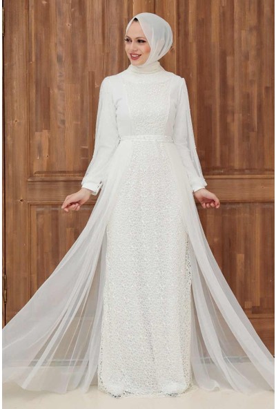 Neva Style Tesettürlü Abiye Elbise - Pul Payet Işlemeli Beyaz Tesettür Abiye Elbise 5632B
