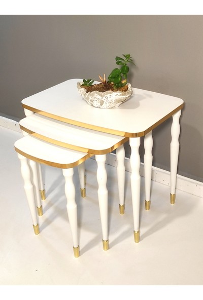 Antakya Mobilyası Zigon Sehpa 3 Lü Mdf Beyaz Altın Ayak - Hera Zigon Sehpa