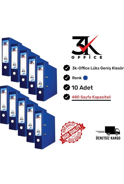 Office-3k Mavi Geniş Klasör - Çıtalı - Çakmalı - 10'lu Paket