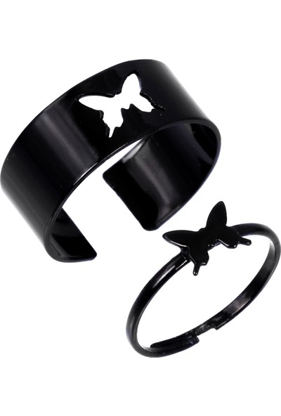 Labalaba Kelebek Figürlü Siyah Renk Kaplama Ayarlanabilir 2'li Çift Yüzük