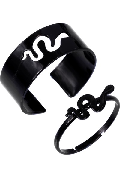 Labalaba Yılan Figürlü Siyah Renk Kaplama Ayarlanabilir 2'li Çift Yüzük