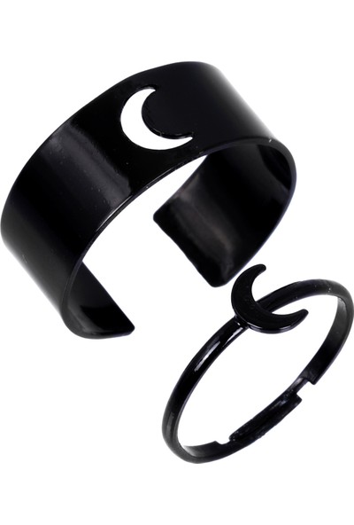 Labalaba Ay Figürlü Siyah Renk Kaplama Ayarlanabilir 2'li Çift Yüzük