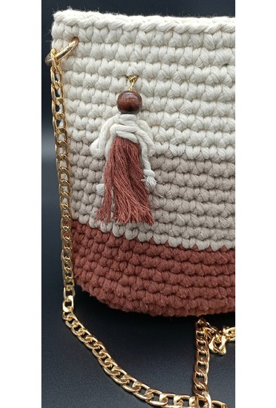 Örgücüm Makrome El Örgüsü Omuz Çantası Krem - Kiremit Rengi