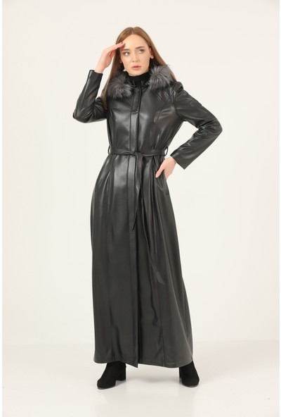 Yıldızhan Siyah Kadın Deri Uzun Pardesü Kaban