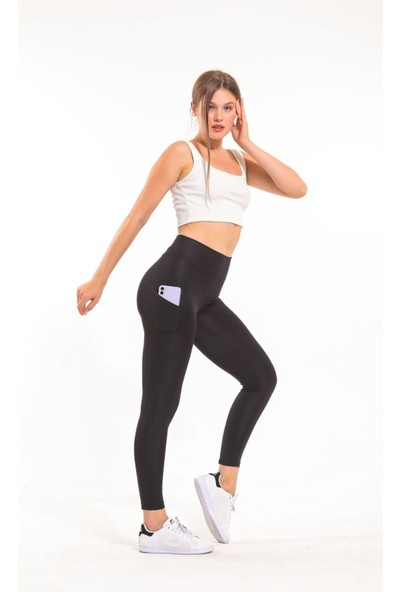 Luccassi Collection Kadın Siyah Yüksek Bel Cepli Toparlayıcı Spor Tayt