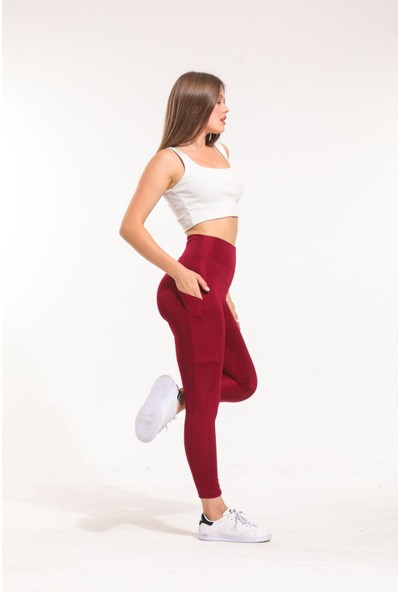 Luccassi Collection Kadın Bordo Yüksek Bel Cepli Toparlayıcı Spor Tayt